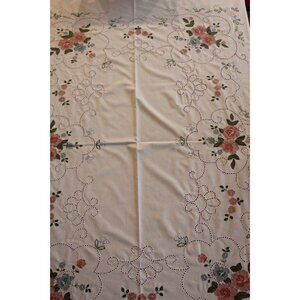 Dining | Vintage Cotton Embroidered Floral Tablecloth Cottagecore ...